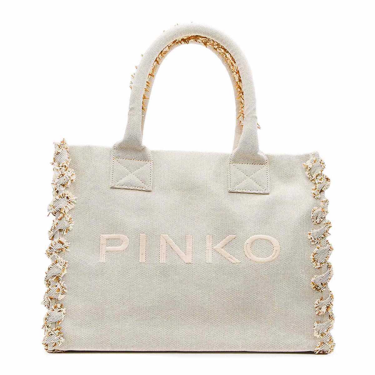 Borsa Pinko Shopper Beige Infilature Laterali Profili Sfrangiati | Sabot Arezzo